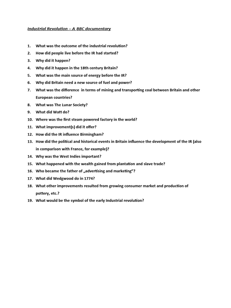 Industrial Revolution Documentary - Worksheet | PDF