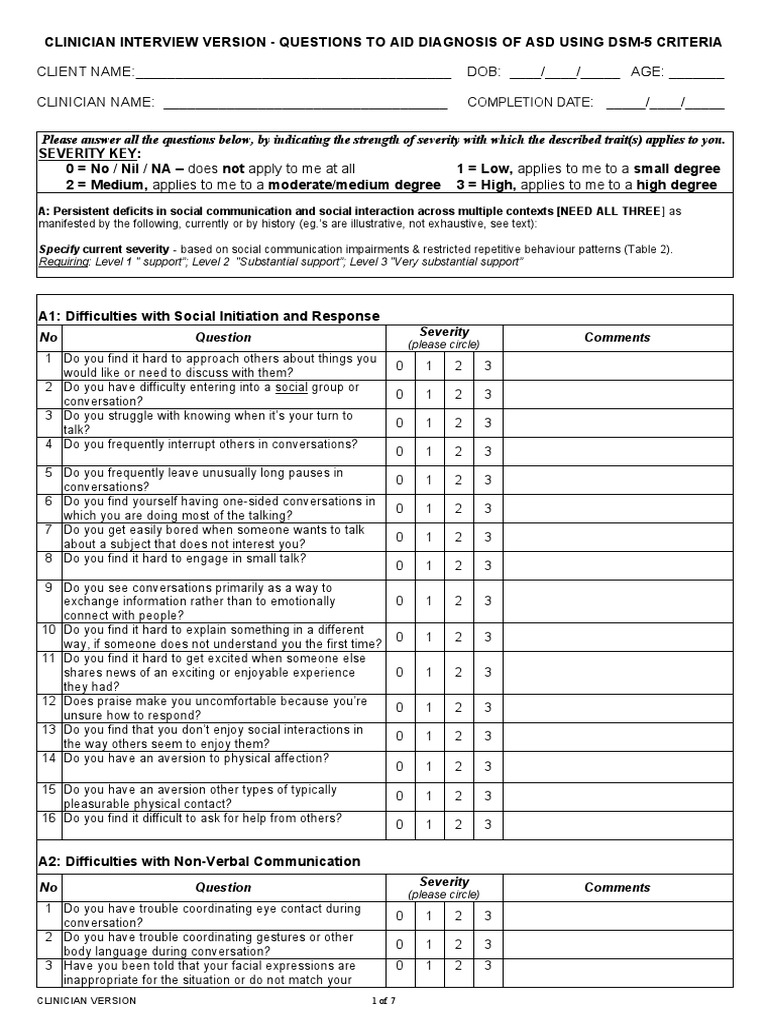 DSM 5 ASD Clinicians Interview Questions | PDF | Autism | Autism Spectrum