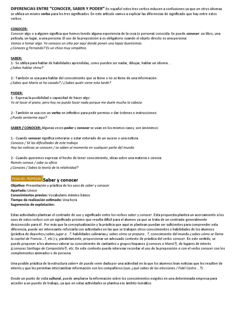 DIFERENCIAS ENTRE Saber y Conocer | PDF | Verbo | Conocimiento