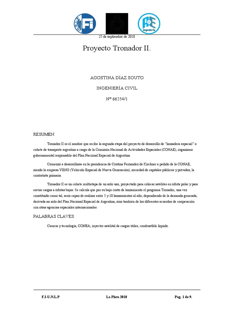 Informe Del Proyecto Tronador II Agos | PDF | Satélite | Cohete