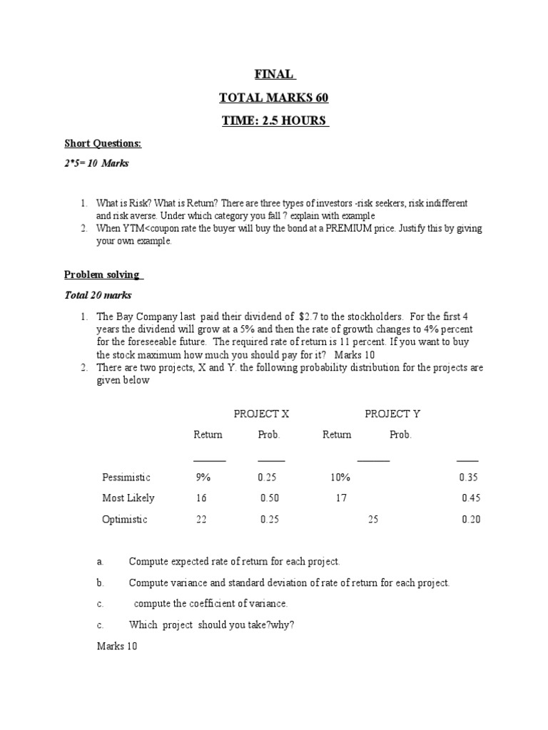 Final Total Marks 60 Time: 2.5 Hours: Short Questions | PDF | Stocks ...