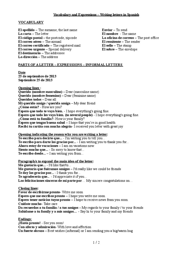 Vocabulary Writing Spanish Letters | PDF | Estudios de idiomas ...