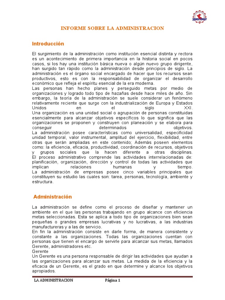 Informe Sobre La Administracion | PDF | Planificación | Gestión de ...