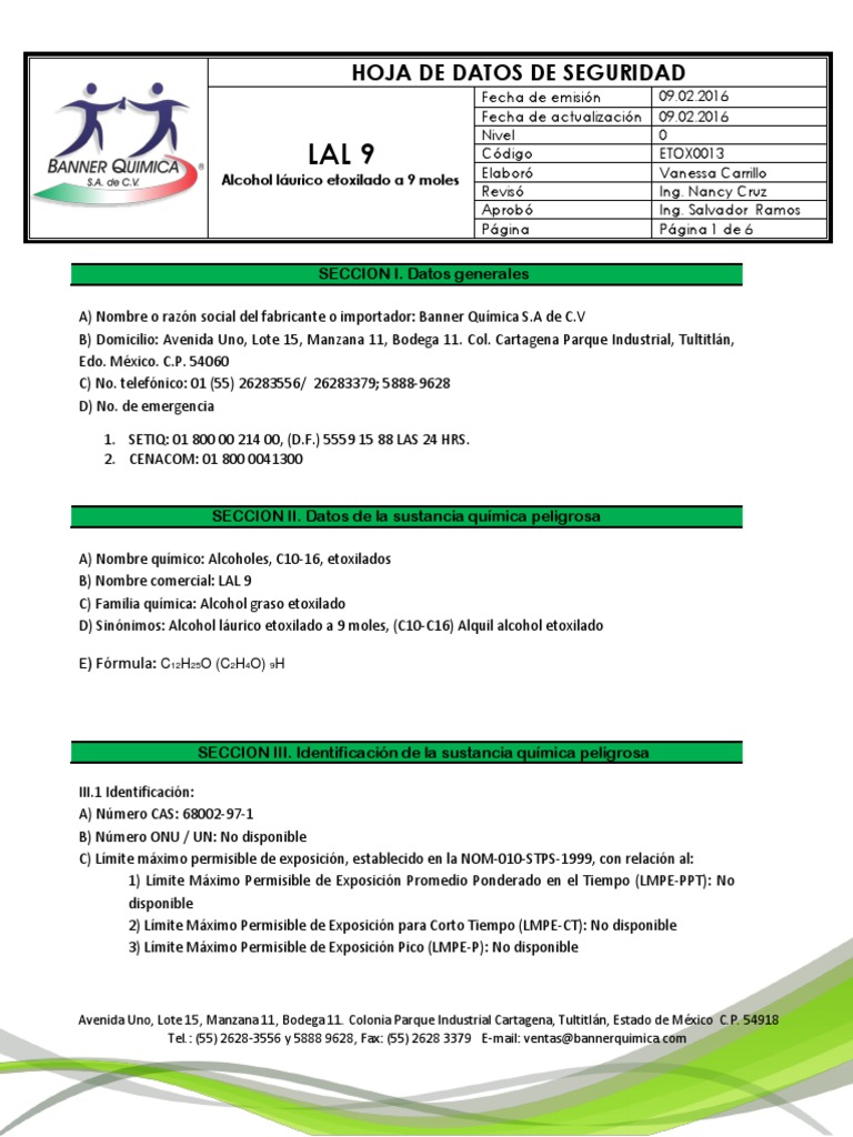 LAL 9 Alcohol Láurico Etoxilado A 9 Moles | PDF | Dióxido de carbono | Agua