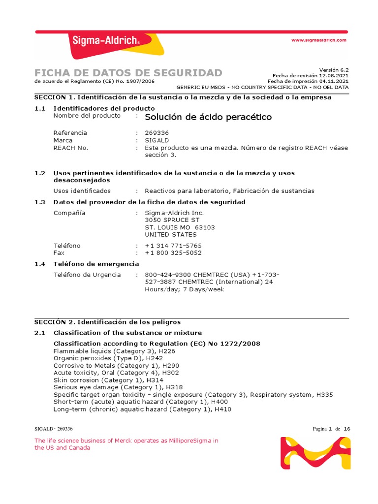 Ficha de Datos de Seguridad: Solución de Ácido Peracético | PDF | Agua | Quemar
