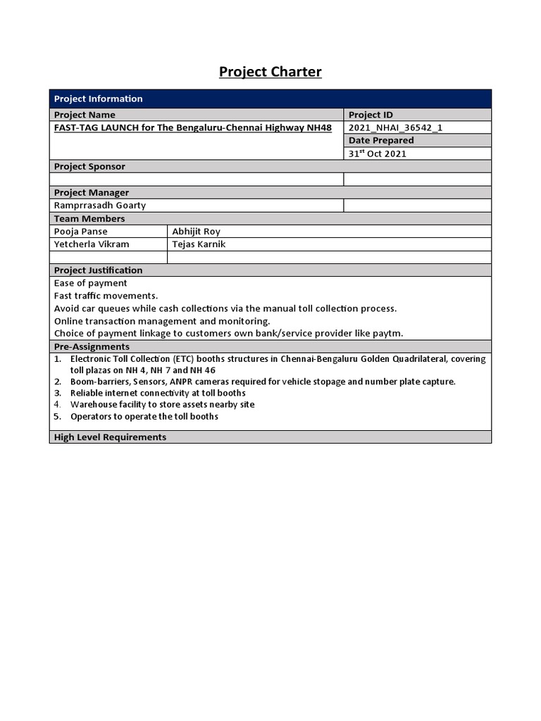 Project Charter V1 | PDF | Toll Road | Automation