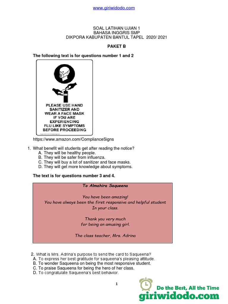 Soal & Kunci ASPD DIY Tahap 1 - BHS INGGRIS - PAKET B - 2020-2021 | PDF ...