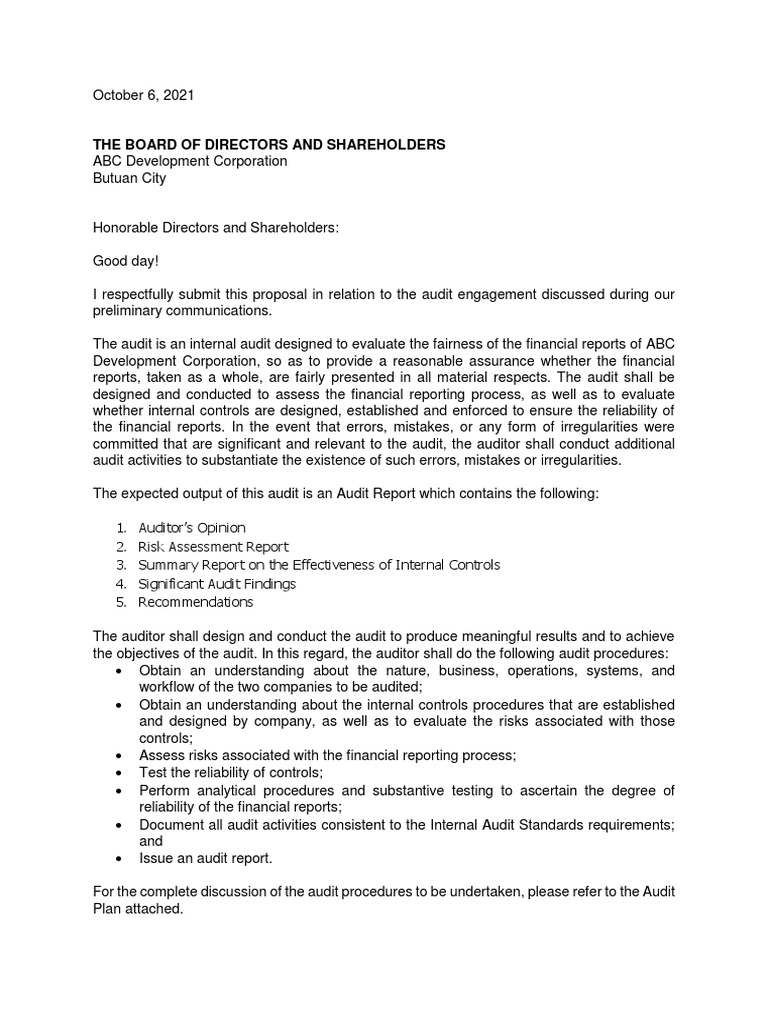 Sample Audit Proposal | PDF | Audit | Internal Control