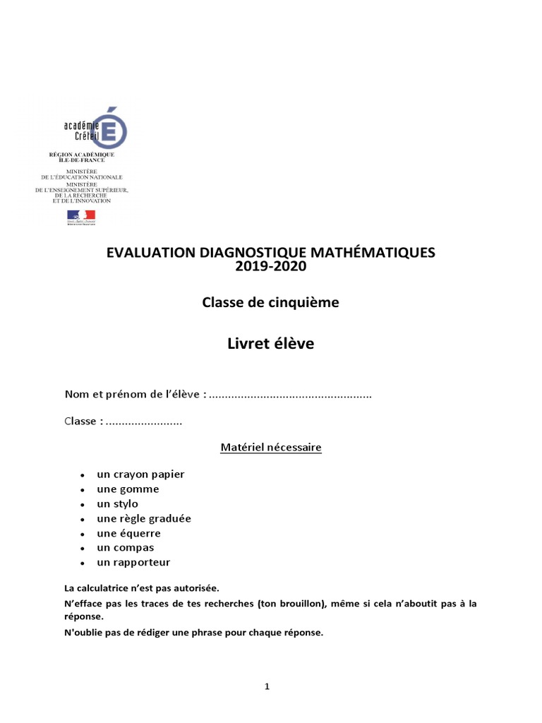 Évaluation Diagnostique Maths 5ème 2019-2020 | PDF
