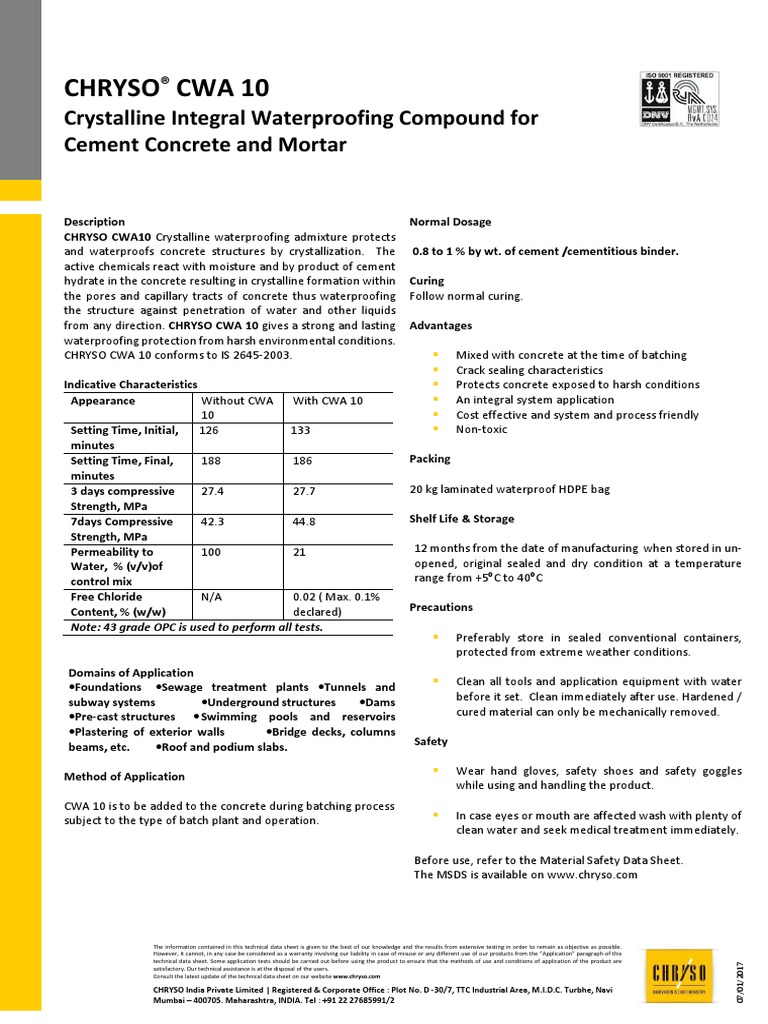 Chryso Cwa 10 Crystalline Waterproofing Admixture | PDF | Concrete | Cement