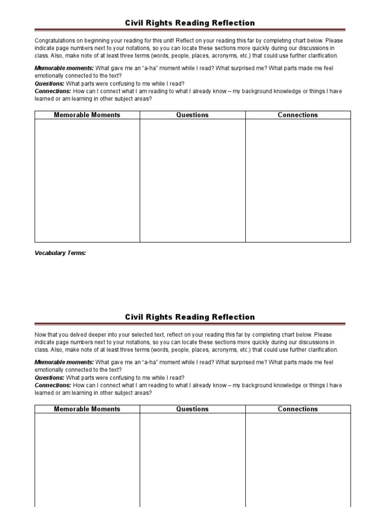 Civil Rights Reading Reflection: Memorable Moments Questions ...
