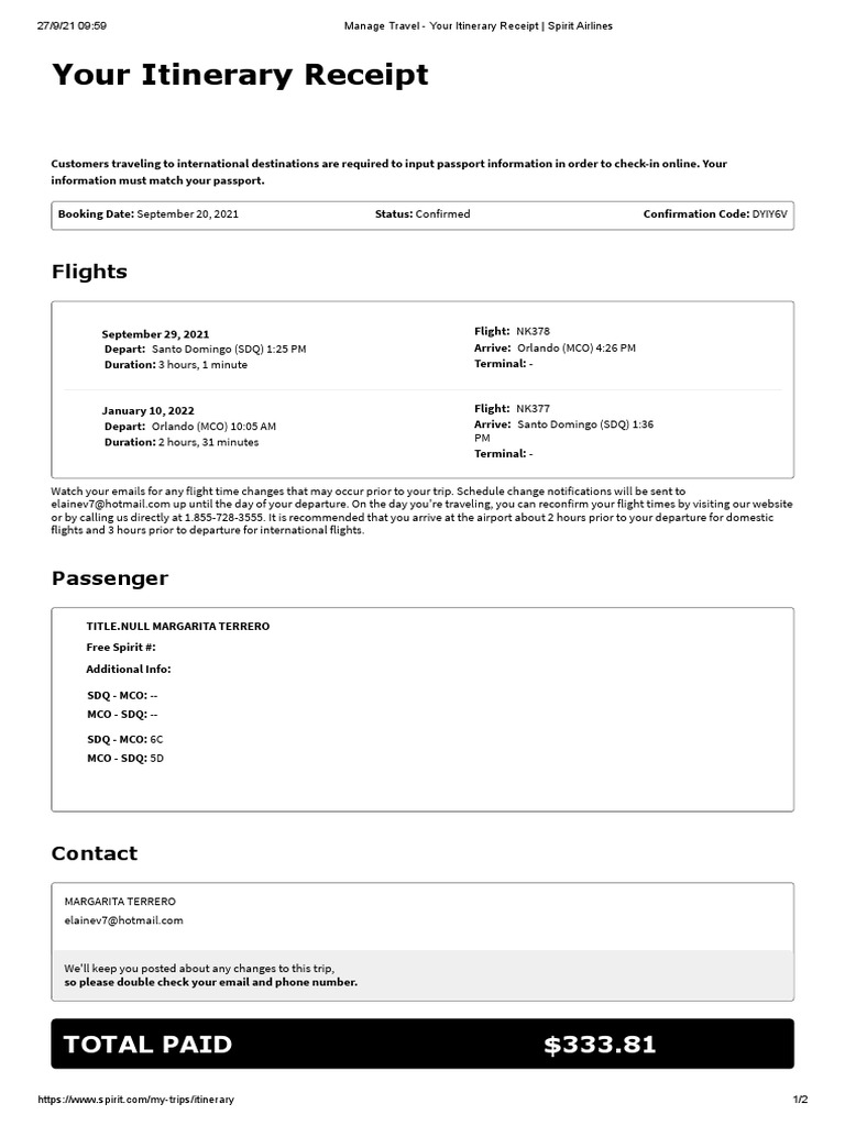 Manage Travel - Your Itinerary Receipt - Spirit Airlines | PDF ...
