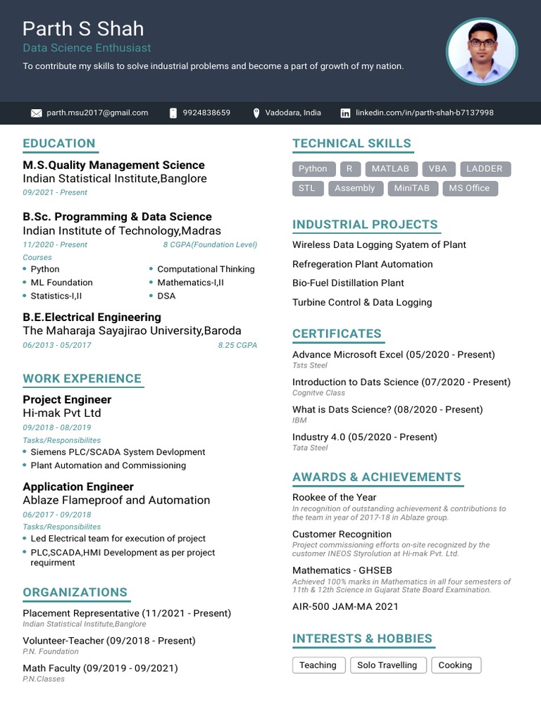 Parth S Shah: Data Science Resume | PDF | Automation | Science And ...