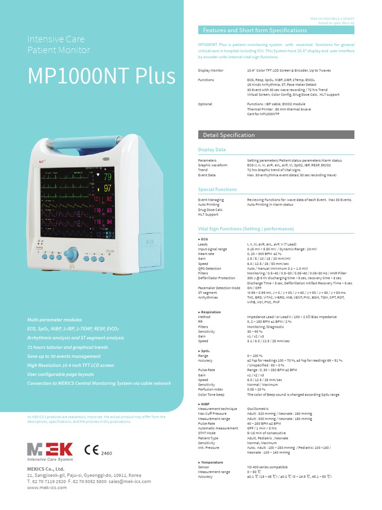 MP1000NT Plus Patient Monitor Features | PDF | Electrocardiography ...