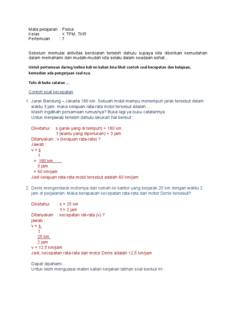 Daring Fisika 7 Contoh Soal Kecepatan Dan Kelajuan | PDF