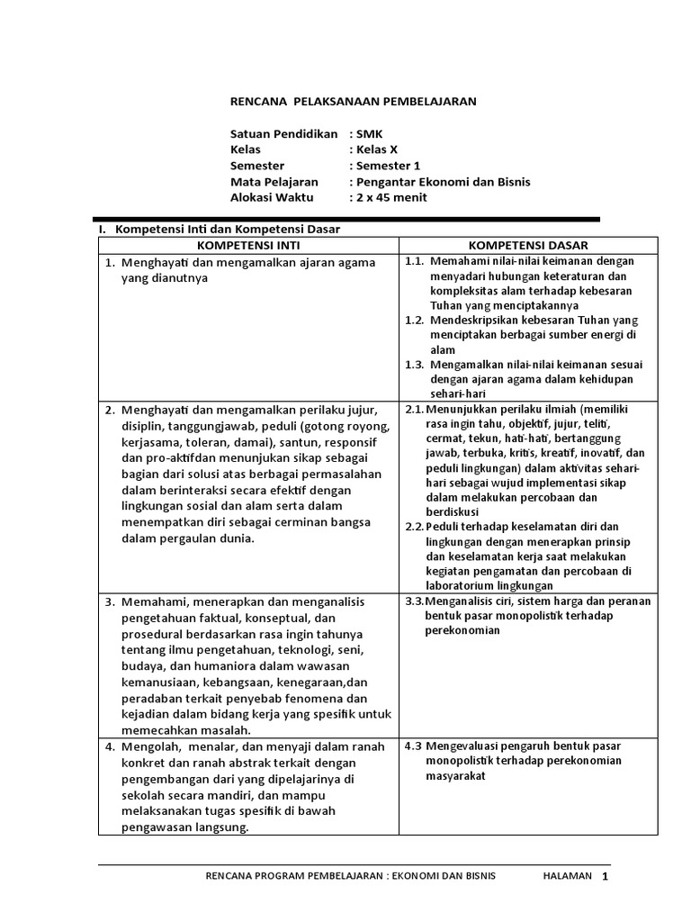 RPP Ekonomi Kelas X SMK | PDF | Pengelolaan Keuangan & Uang