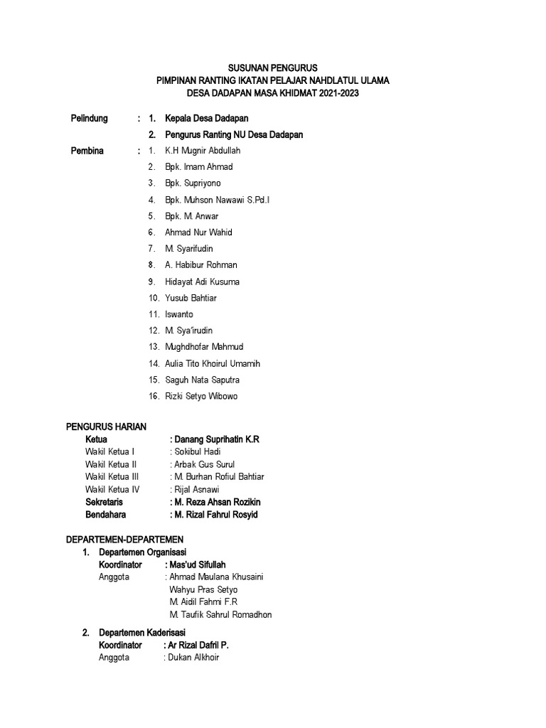 (DADAPAN) Susunan Pengurus PR IPNU Dadapan | PDF