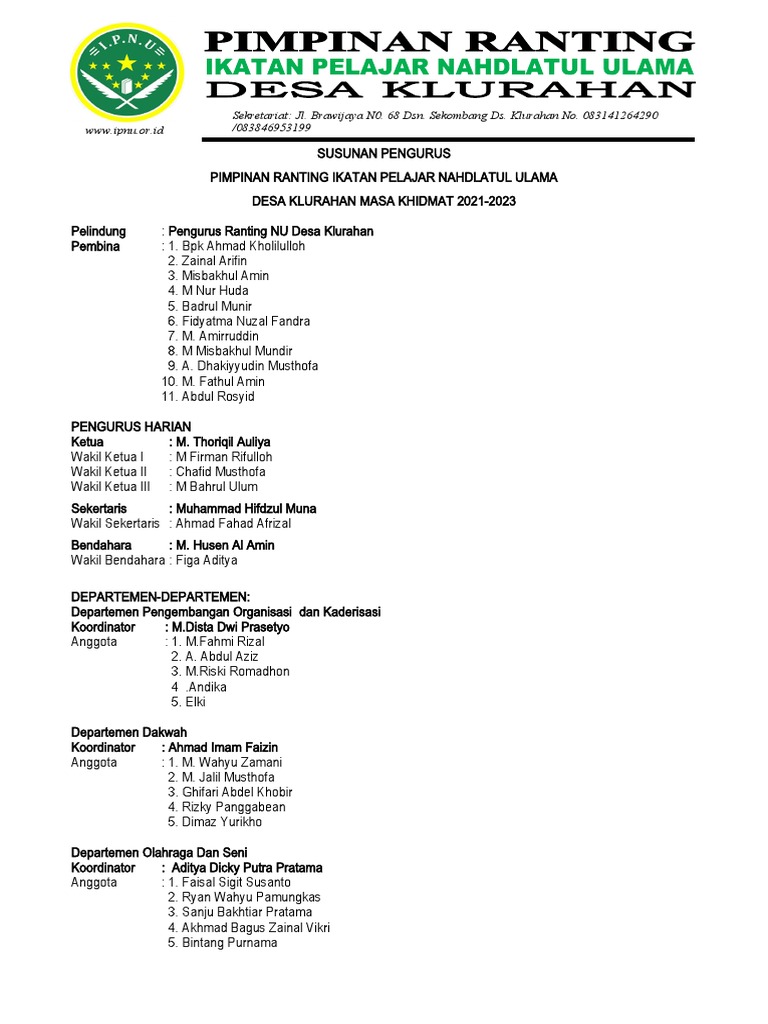 (Klurahan) Susunan Pengurus PR IPNU | PDF