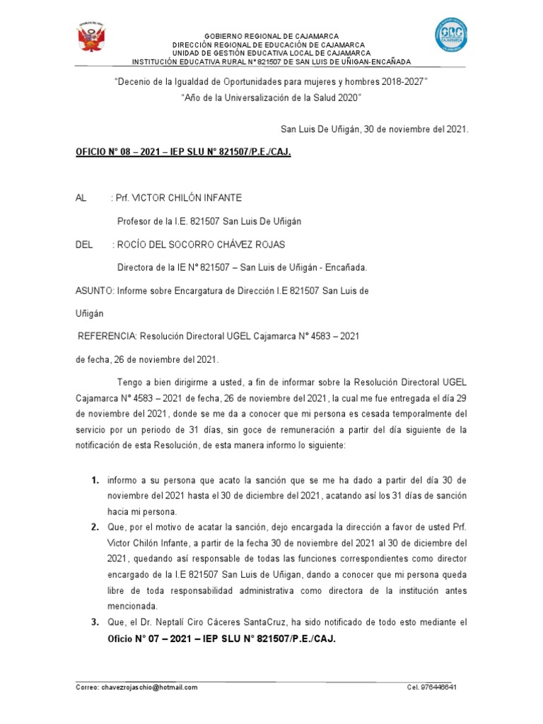 OFICIO #08 I.E. 821507 SAN LUIS DE UÑIGAN Prf. Chilon | PDF | Ciencias ...