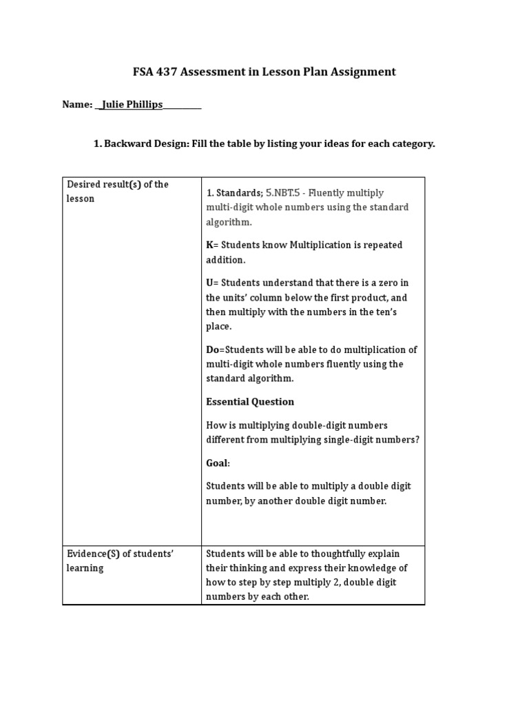 FSA 437 Assessment In Lesson Plan Assignment PDF Educational