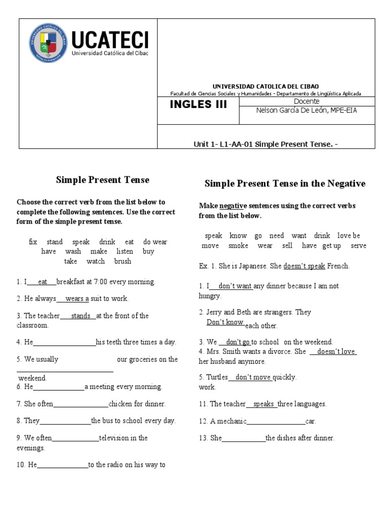 Practica No.1 Simple Present Tense | PDF | Linguistic Morphology ...