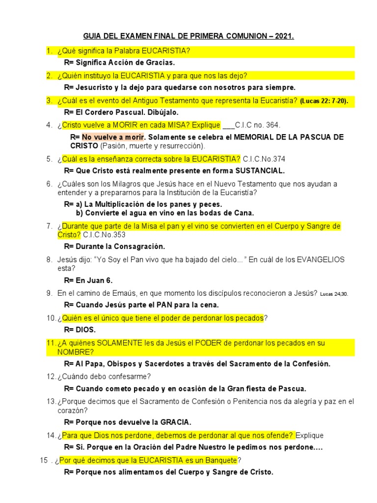 Guia Examen Final Prim Com 2021 | PDF | eucaristía | Misa (liturgia)