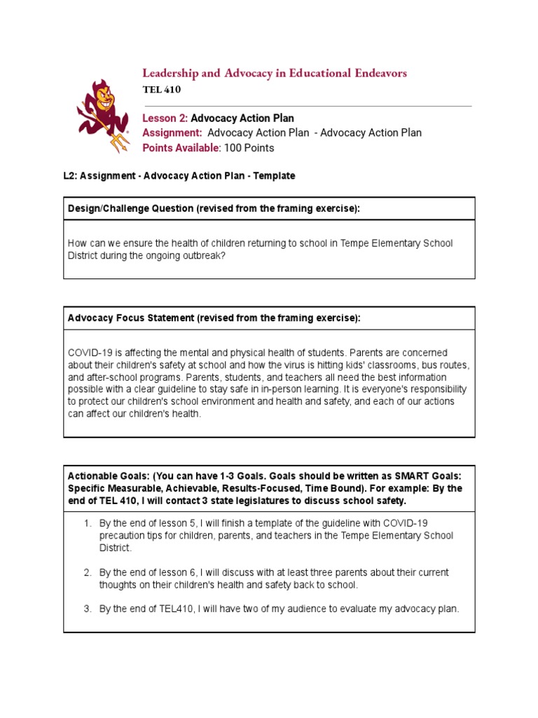 l2 - Assignment Advocacy Action Plan - Template | PDF | Schools | Teachers