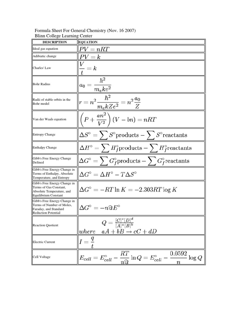 Formula Sheet Gen Chem | PDF