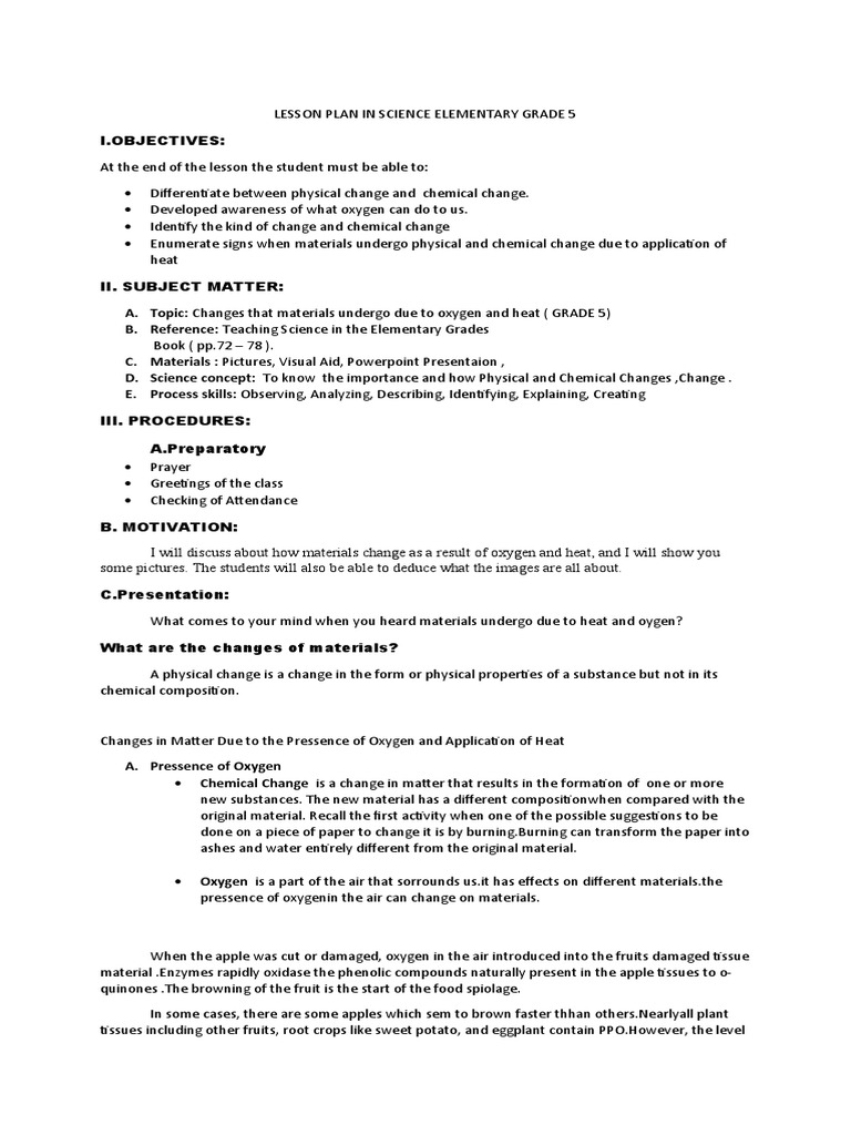 Lesson Plan in Science Elementary Grade 5 | PDF | Chemical Substances ...