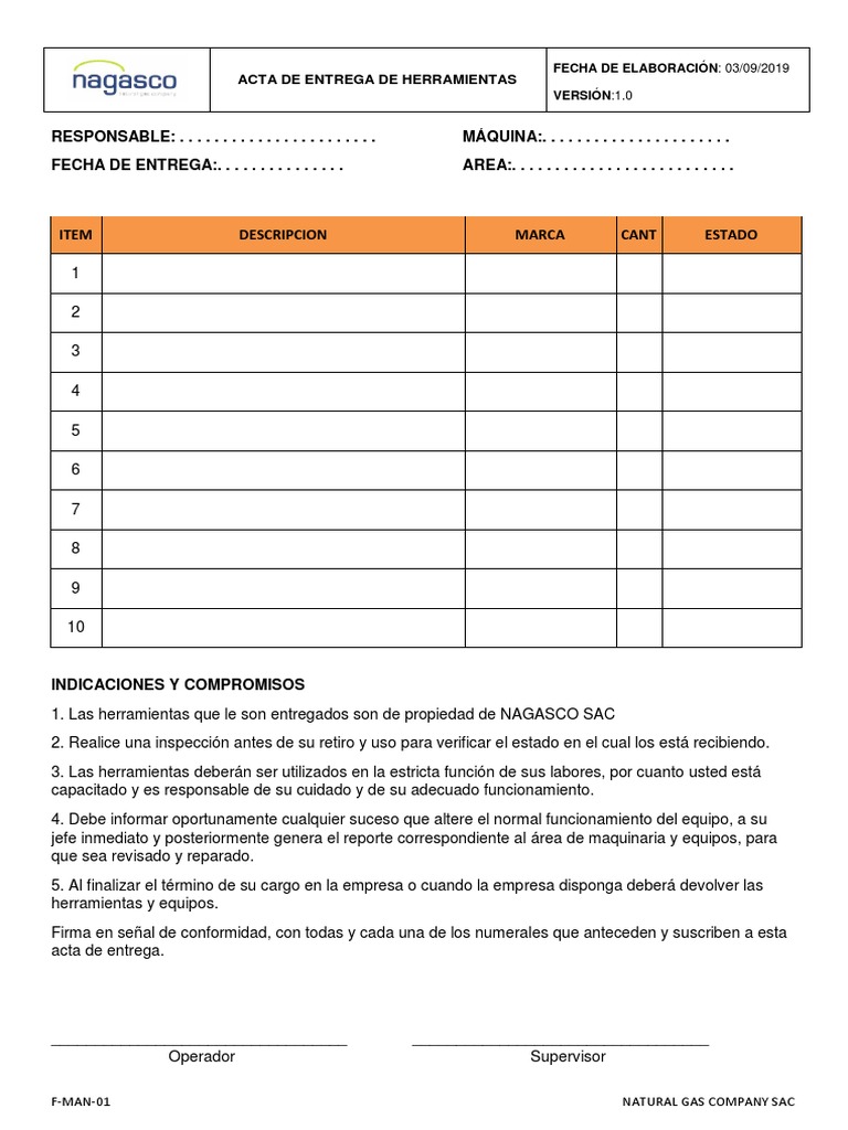 Acta De Entrega De Herramientas Pdf