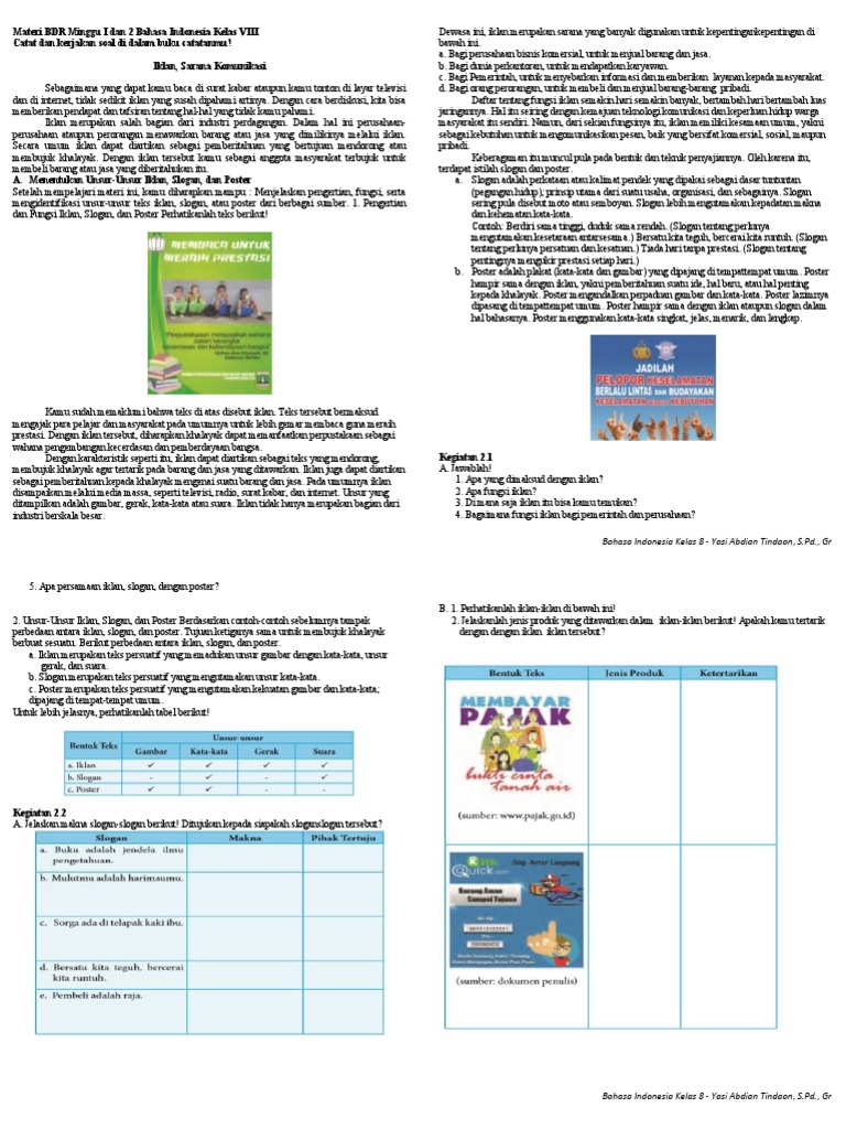 Materi BDR Minggu I Bahasa Indonesia Kelas VIII Semester 1 | PDF | Karier & Perkembangan | Bisnis