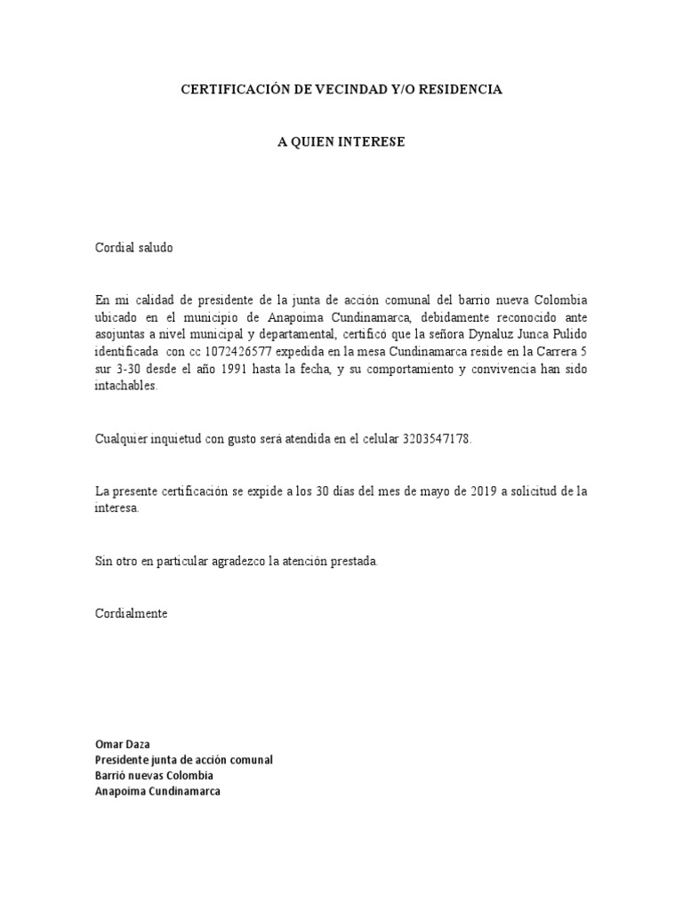 Certificación de Vecindad Del Presidente de La Junta | PDF