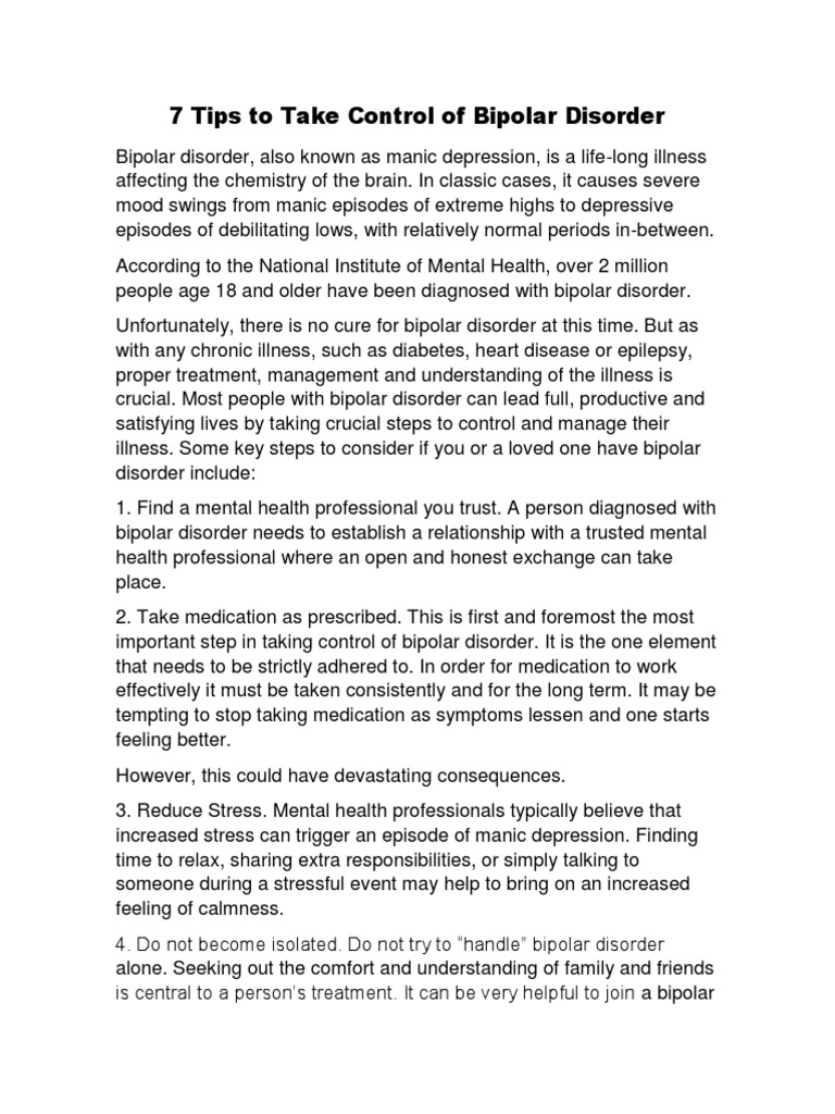 Control Bipolar Disorder: 7 Essential Tips | PDF | Bipolar Disorder | Mania
