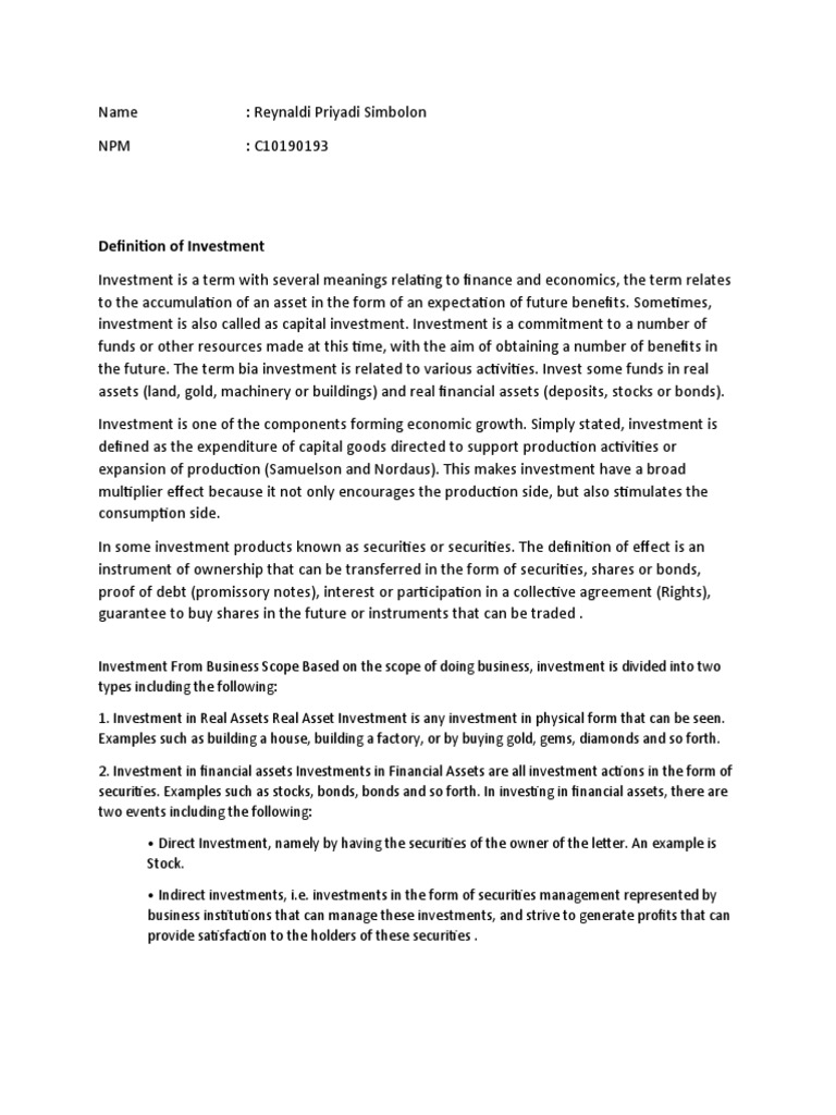 Definition of Investment | PDF | Investing | Securities (Finance)