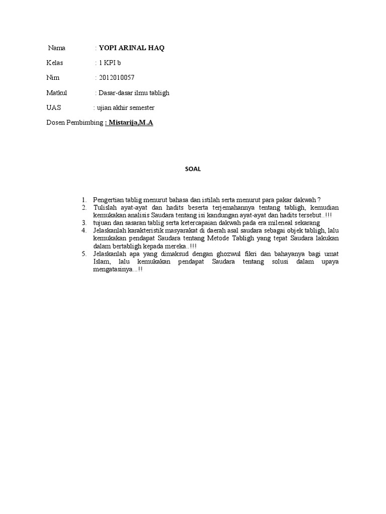 Uas Tabligh Yopi Arinal Haq | PDF