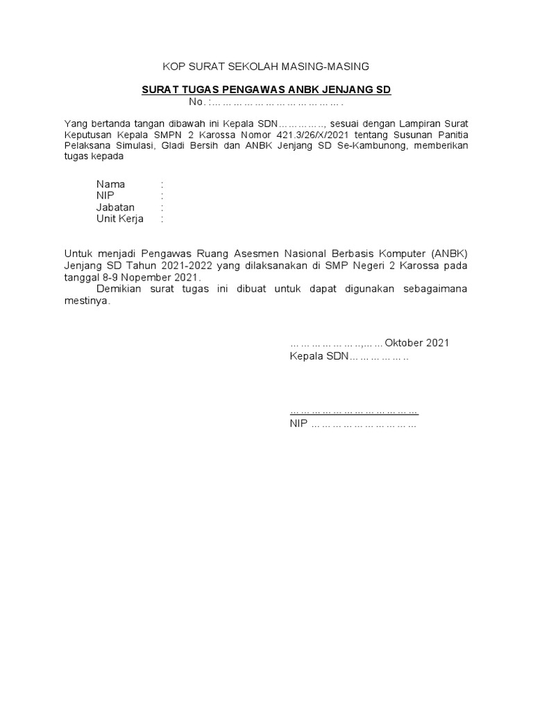 Contoh Surat Tugas Pengawas Anbk | PDF