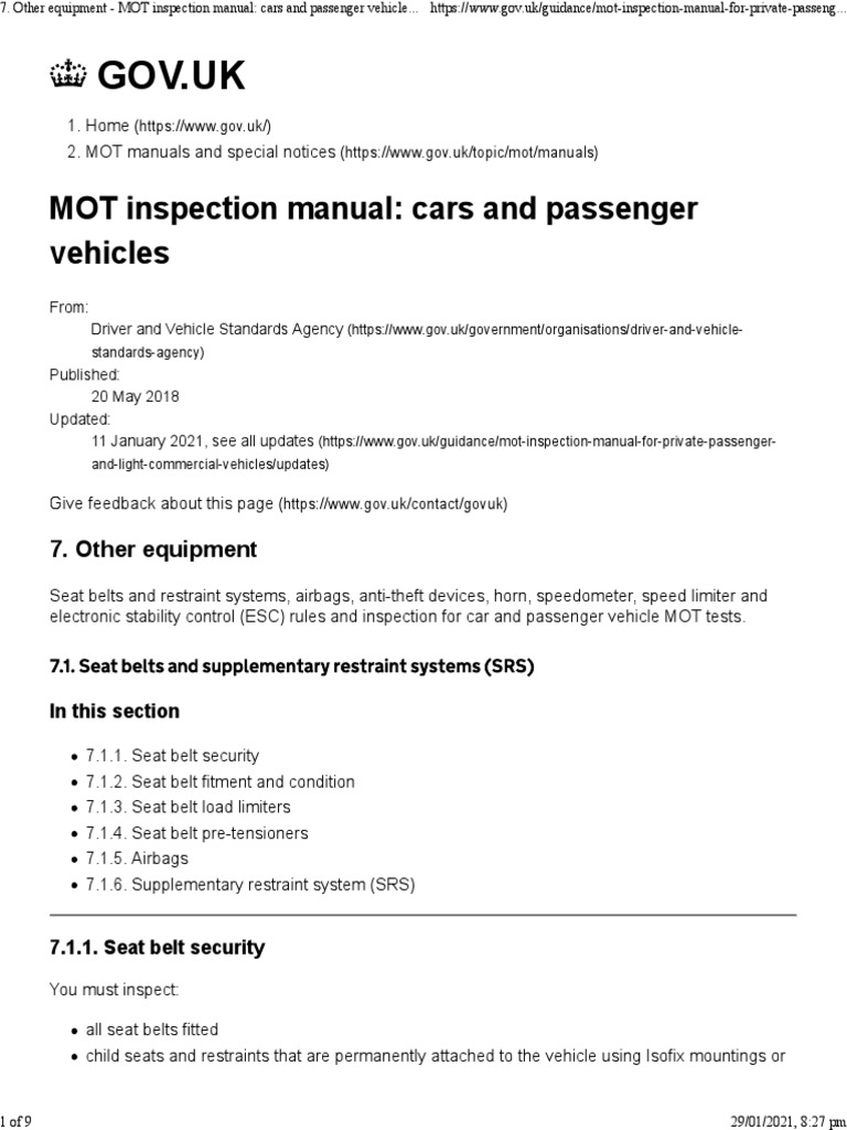 MOT Inspection Manual - Section 7 - Cars and Passenger Vehicles | PDF ...