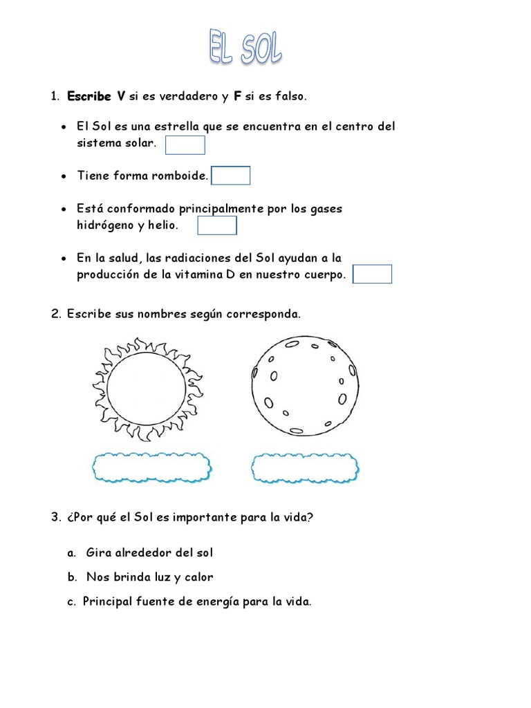 Hojas De Trabajo Sobre El Sol Para Primer Grado