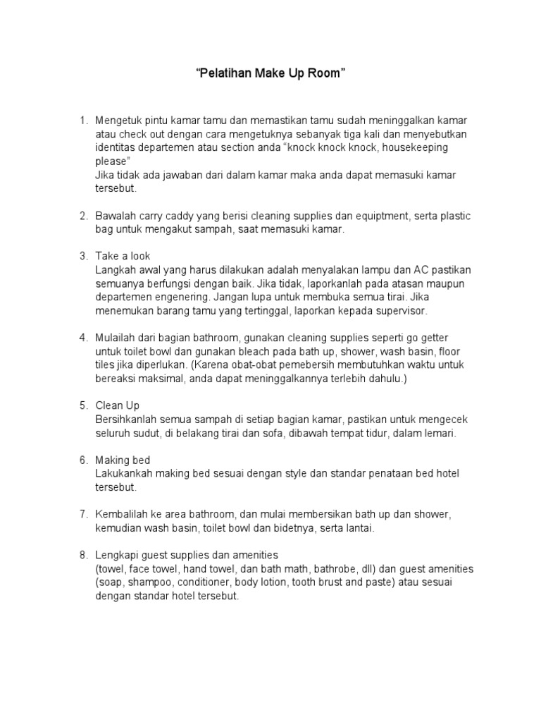 SOP Make Up Room Dan Towel Folding | PDF | Griya & Taman