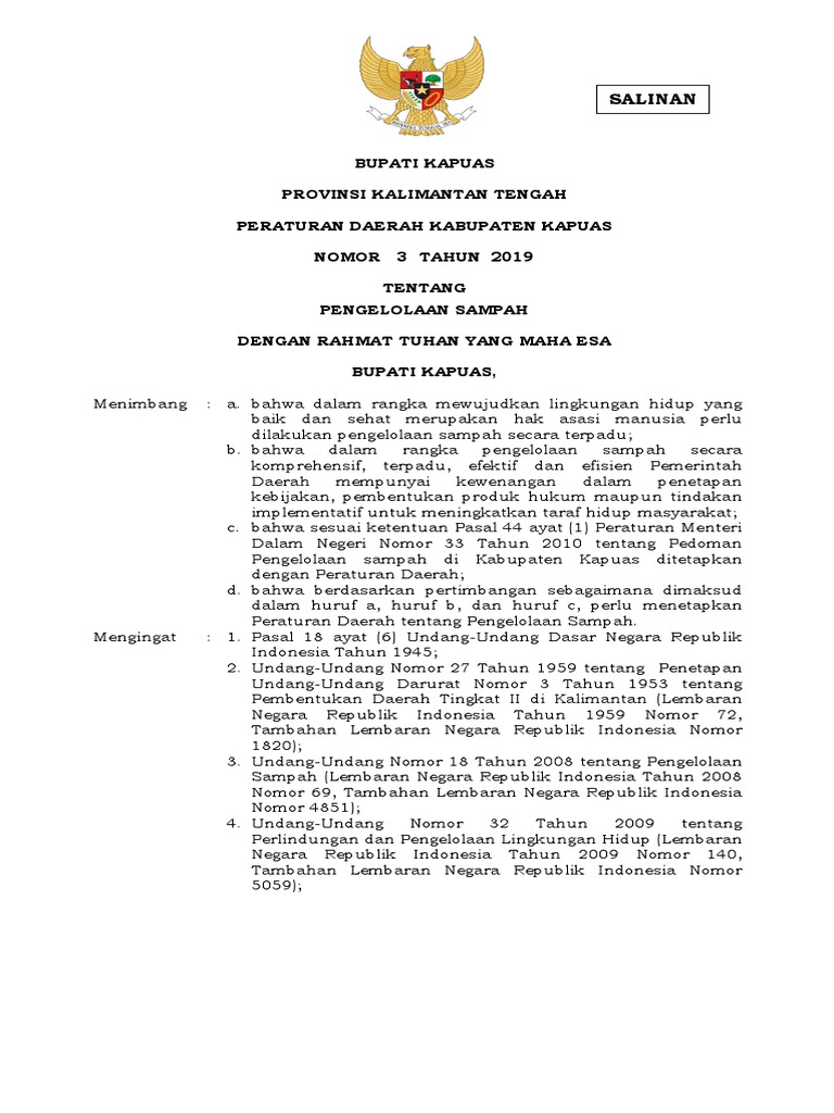 Perda Kab. Kapuas Nomor 3 Tahun 2019 TTG Pengelolaan Sampah | PDF | Sains & Matematika