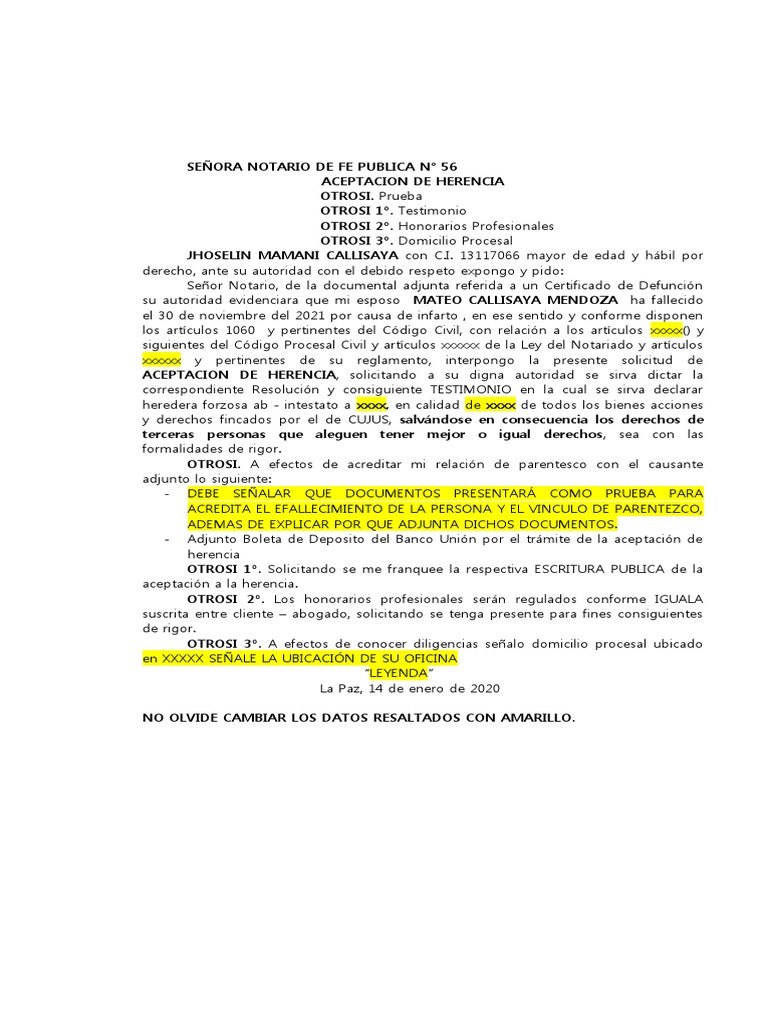 Aceptacion De Herencia Modelo Pdf 