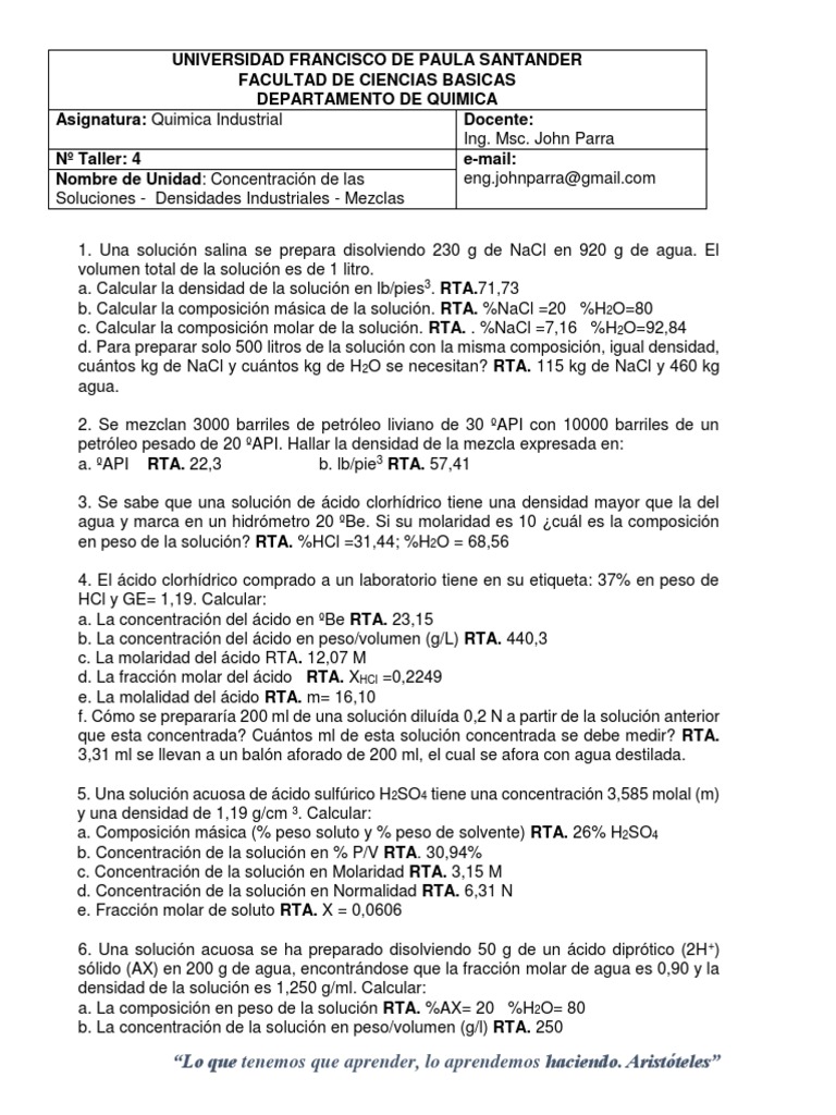 Taller 4. Concentración de Las Soluciones - Densidades Industriales - Mezclas | PDF ...