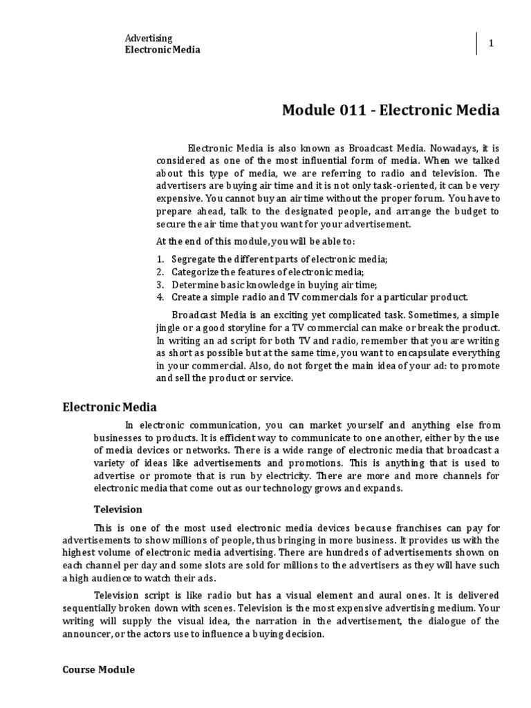 Electronic Media Advertising Essentials | PDF | Advertising | Television