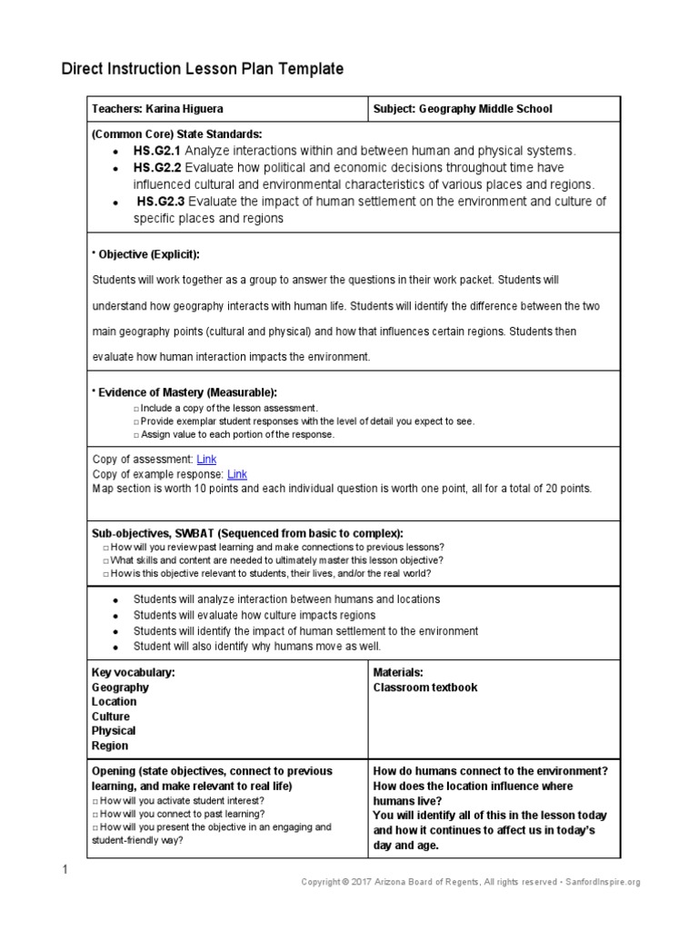 Sed398 Direct Instruction Lesson Plan | PDF | Teachers | Lesson Plan