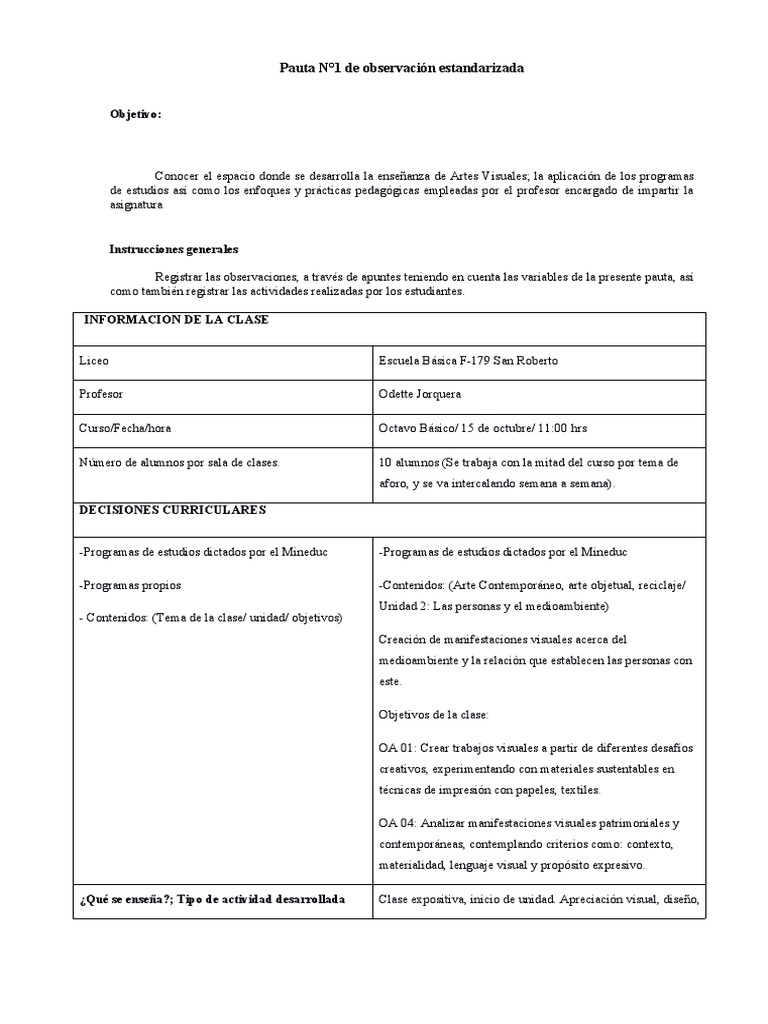 Pauta N 1 de Observaci N Estandarizada | PDF | Maestros | Evaluación