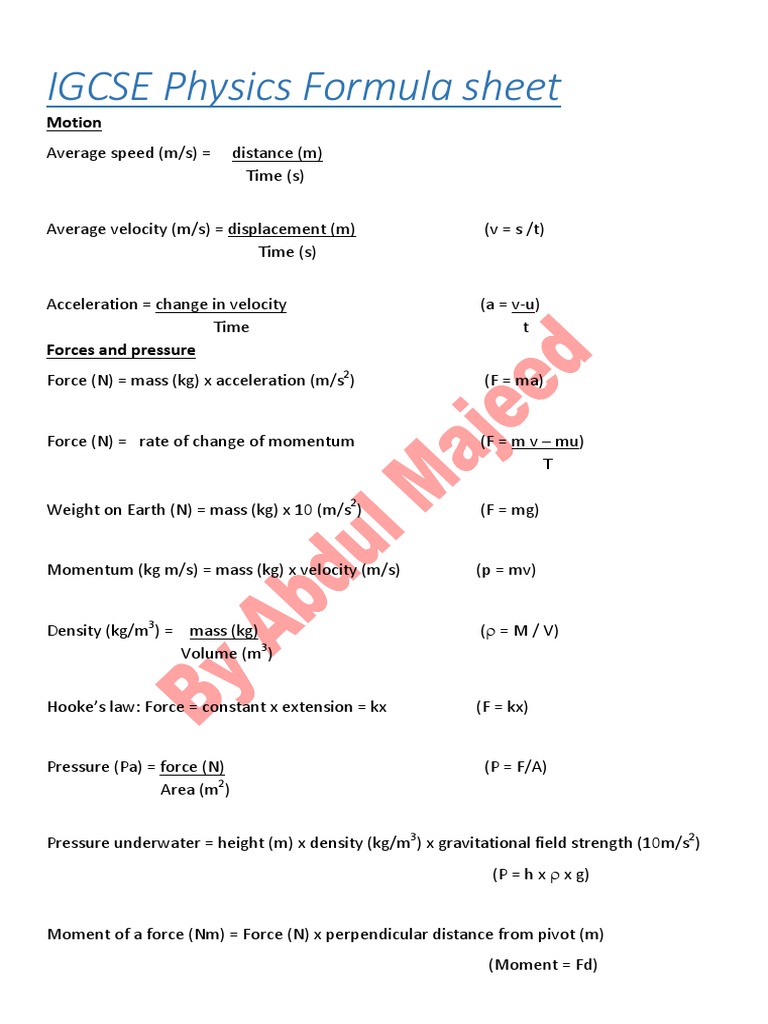 Physics Igcse All Imp Formulas | PDF | Force | Mass