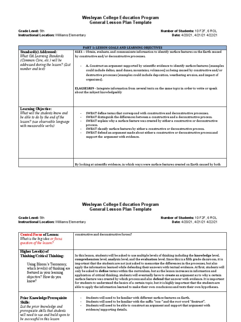 Wesleyan College Education Program General Lesson Plan Template | PDF ...