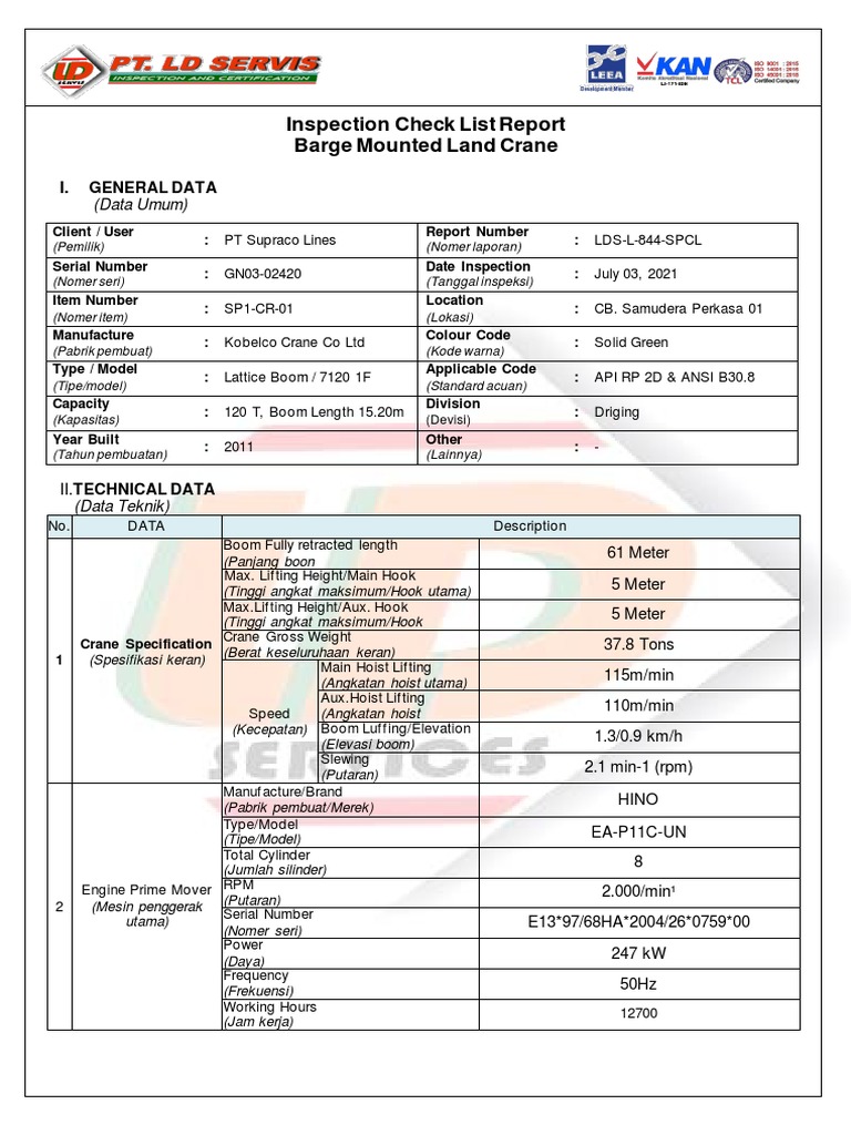 Inspection Check List Report Barge Mounted Land Crane: (Data Umum ...