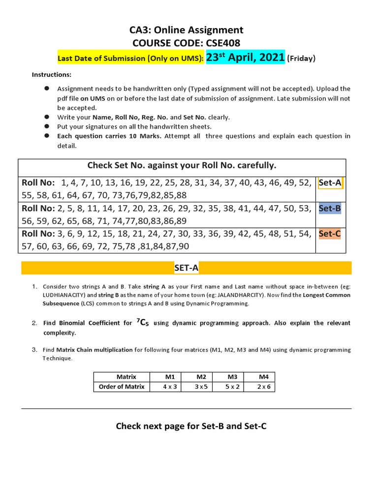 23 April, 2021: CA3: Online Assignment Course Code: Cse408 | PDF ...