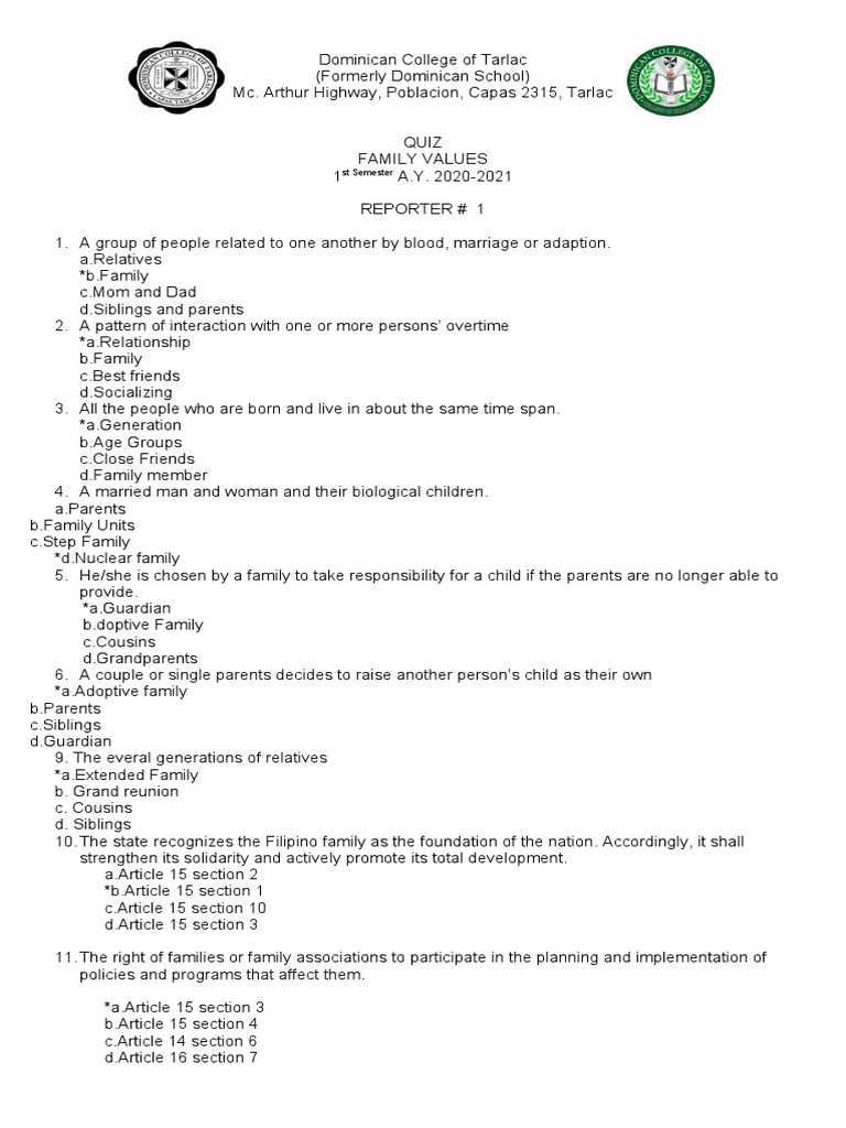 Family Values Reporters 1 3 Quizzes | PDF | Family | Parent